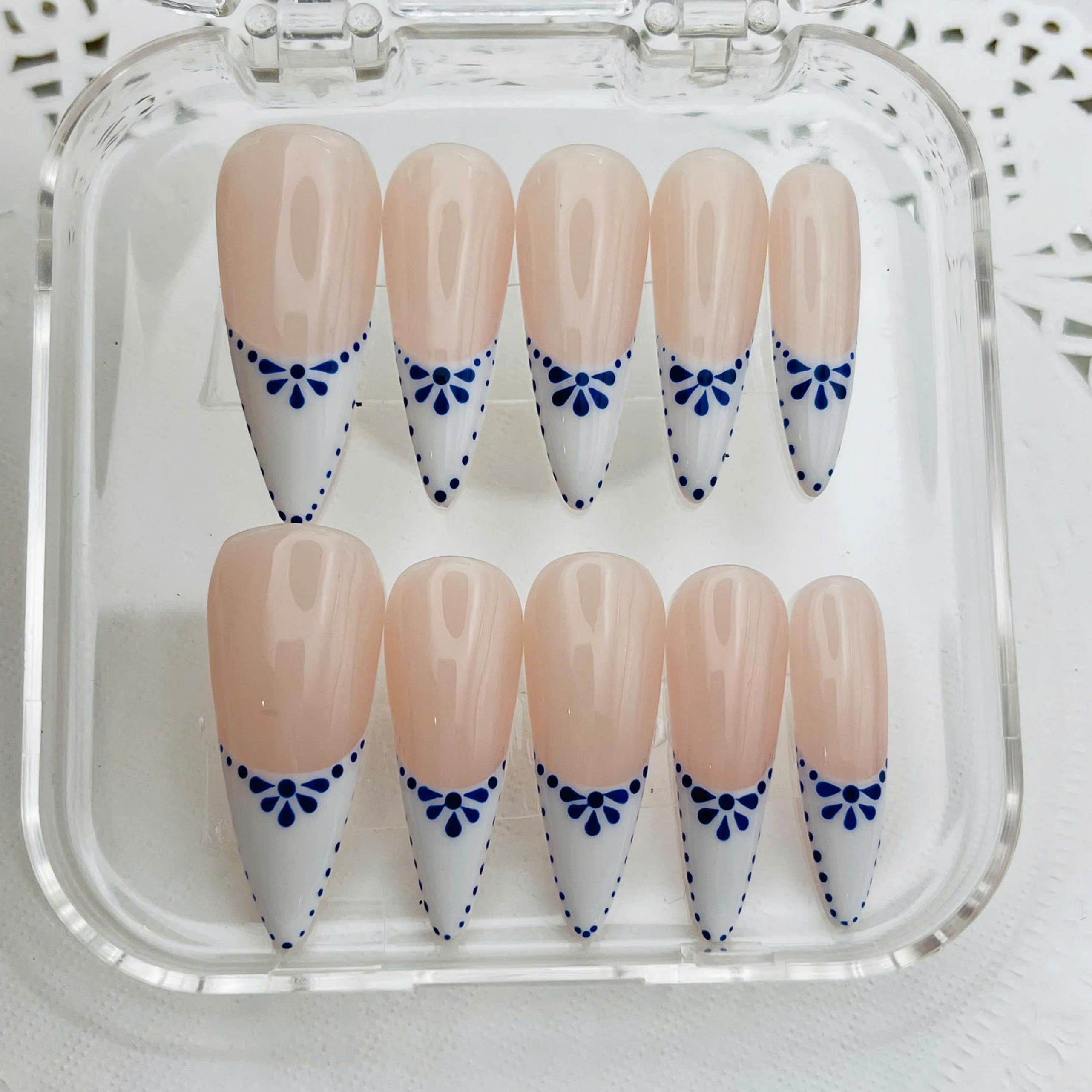 Talavera Blue White French Tip Press on Nails - Porcelain Spanish Tile ...