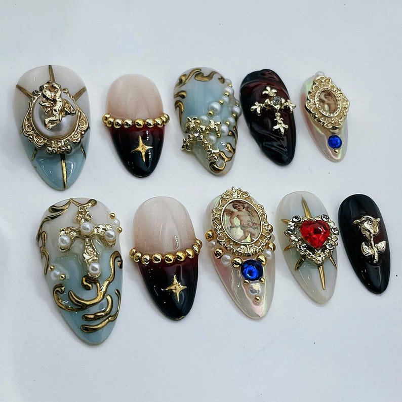 Angel and Cross Gold Frame Holy Press on Nails - Gothic Luxury Handmade ...