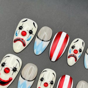 3D Moody Circus Clown Press on Nails - Spooky Happy & Sad Clowns French ...