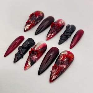 Spider Lilly Dark Red 3D Press on Nails - Handmade Flower Reusable Fake ...