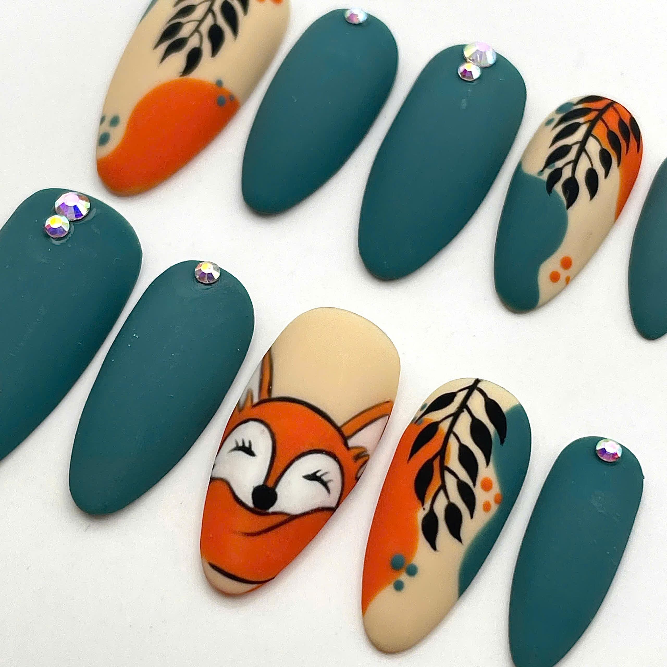 Handpainted Fox Nails | Autumn Fall Themed Press on Nails | Handmade ...