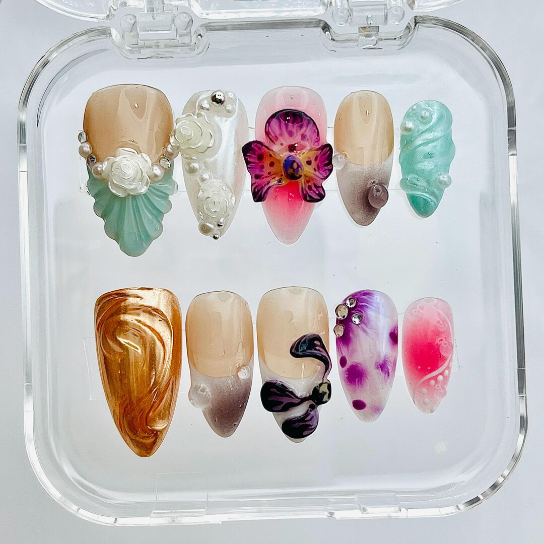 Purple Orchid Flower 3D Press on Nails - Colorful Custom Handmade ...