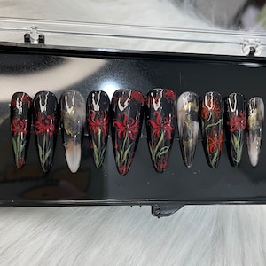 Red Spider Lilly Watercolor Press on Nails - Handmade Elegant Flower ...