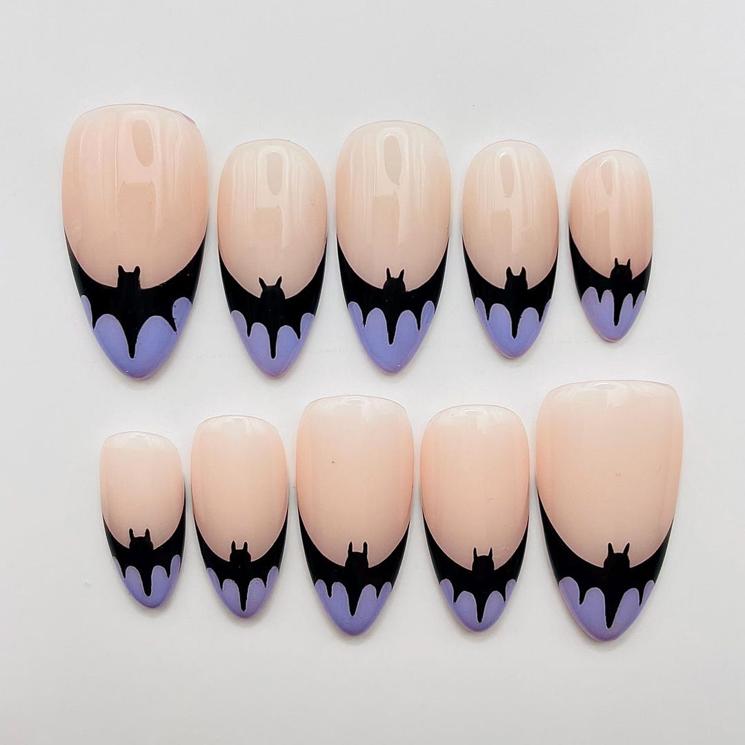Halloween Bat French Tip Press on Nails Purple Handmade Reusable Custom ...