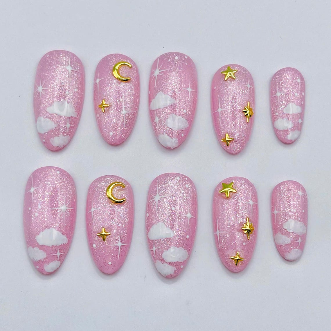 Dreamy Pink Celestial Press on Nails - Reusable Glitter Cloud Moon Star ...