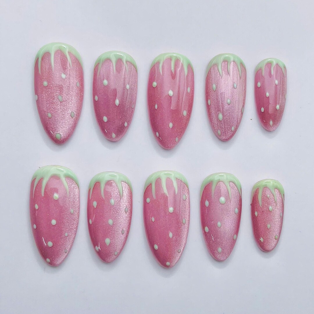 Strawberry Pink Cat Eye Pastel Drip Press on Nails - Handmade Cute ...