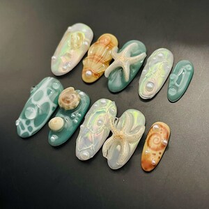 Ocean-inspired Press on Nails - Stunning Beach Summer With 3D Seashells ...
