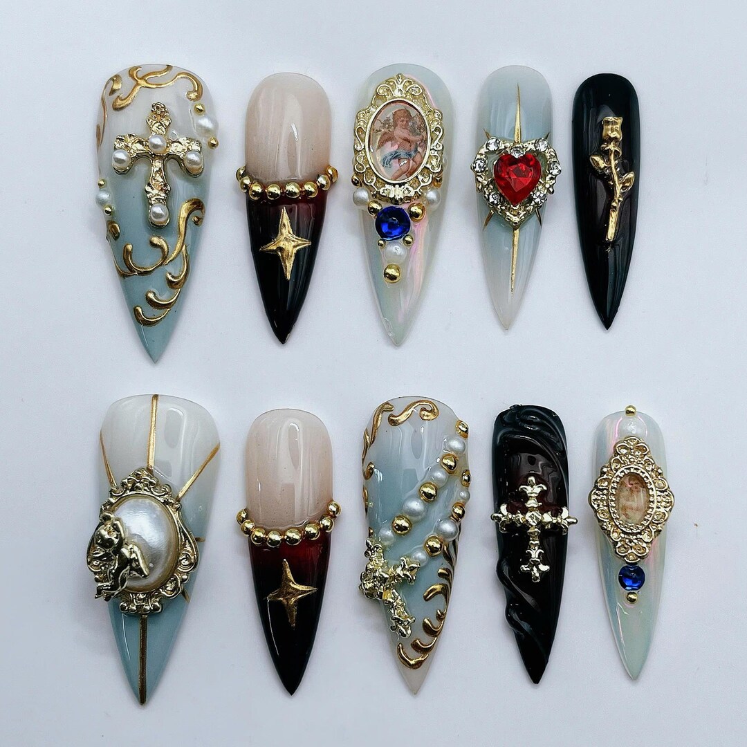 Holy Angel and Cross Gold Frame Press on Nails - Gothic Luxury Handmade ...