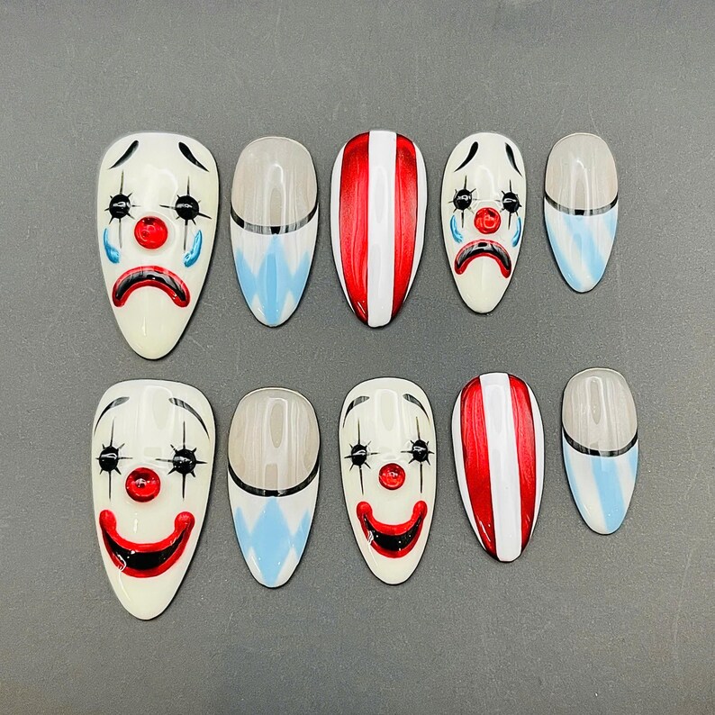 3D Moody Circus Clown Press on Nails - Spooky Happy & Sad Clowns French ...