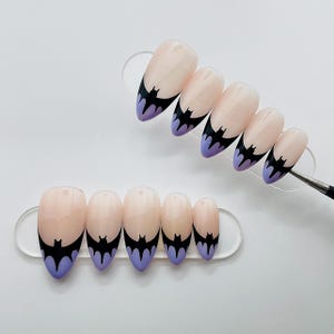 Halloween Bat French Tip Press on Nails - Purple Handmade Reusable ...