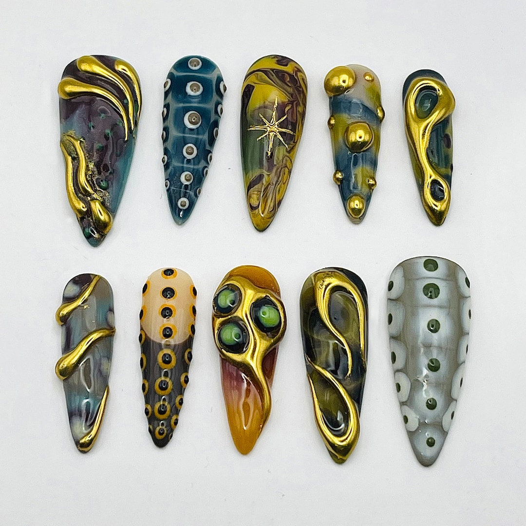 Handmade Freestyle Gold Chrome Press on Nails – Mystery Land Collection ...