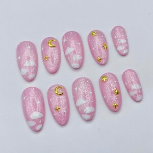 Dreamy Pink Celestial Press on Nails - Reusable Glitter Cloud Moon Star ...