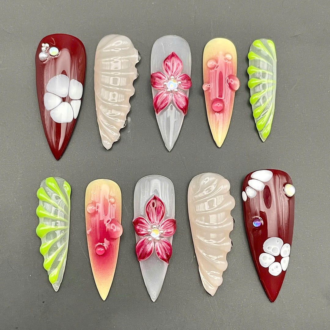 3D Orchids Flower Colorful Ombre Press on Nails - Reusable Handmade ...
