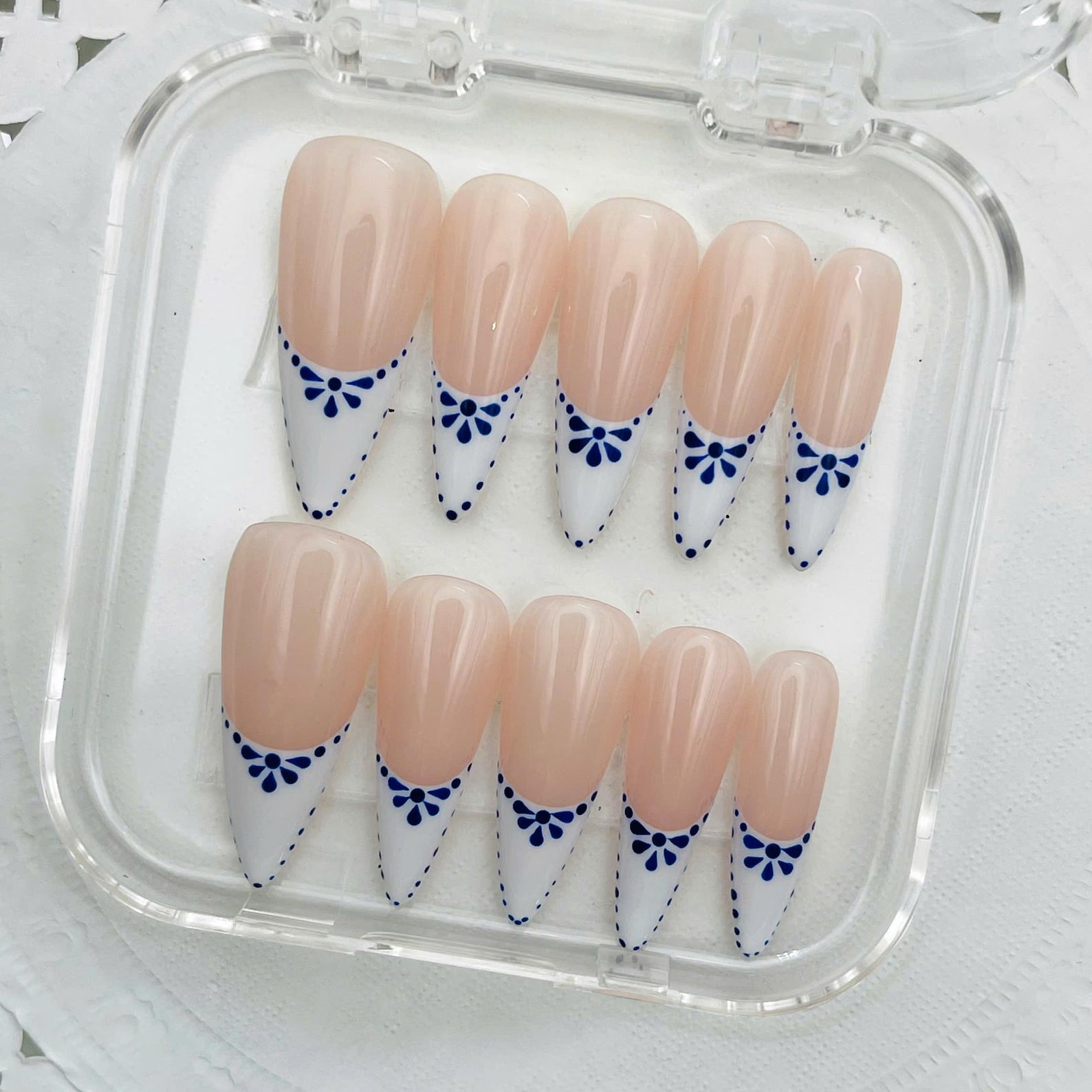 Talavera Blue White French Tip Press on Nails - Porcelain Spanish Tile ...