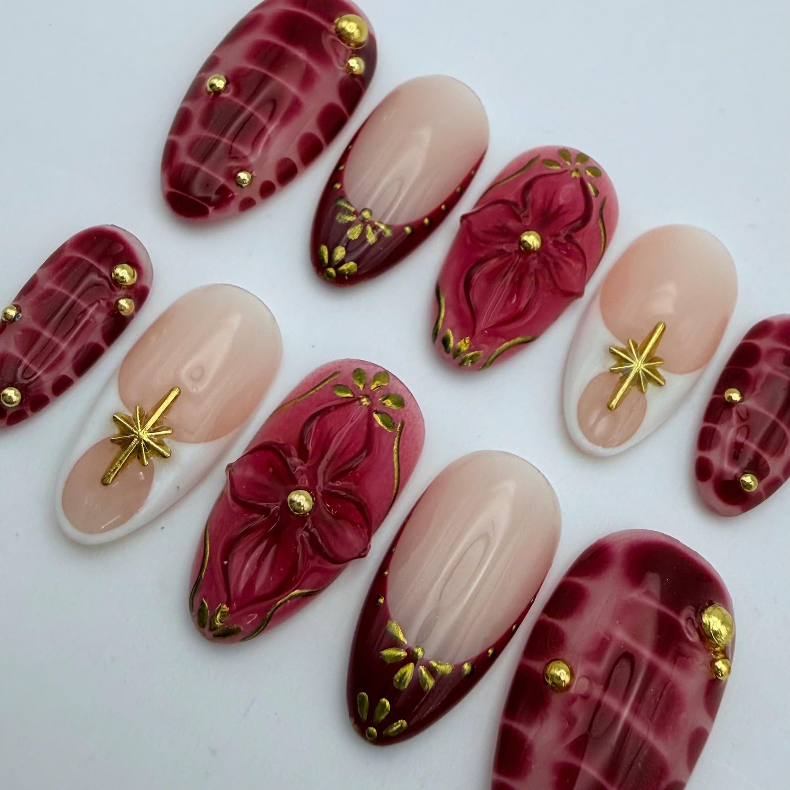 Deep Red With 3D Flower and Gold Press on Nails - Textured Animal Print ...