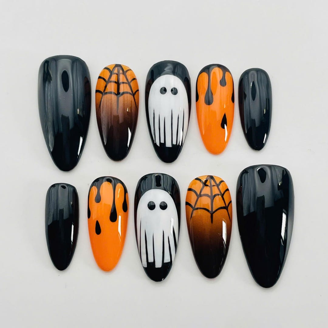 White Ghost Orange Halloween Press on Nails • Spider Web Fall Autumn ...