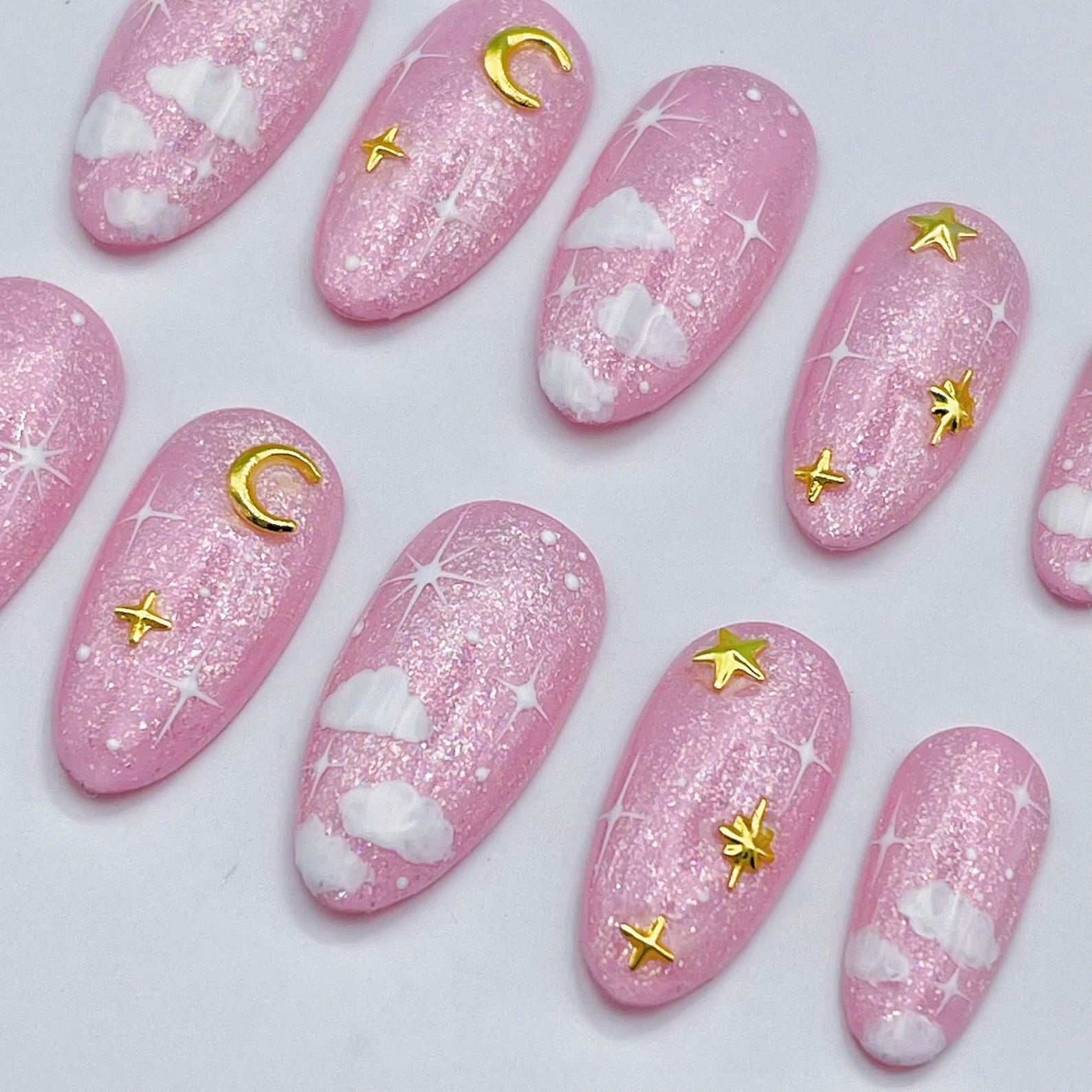 Dreamy Pink Celestial Press on Nails - Reusable Glitter Cloud Moon Star ...