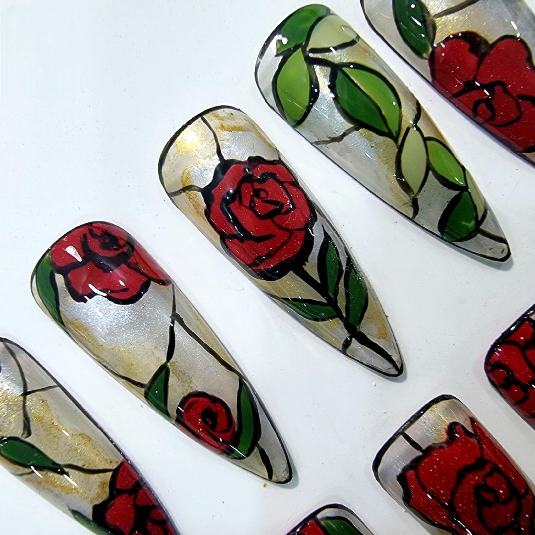 Handpainted Enchanted Rose Press on Nails - Beauty Beast Nails - Gothic ...