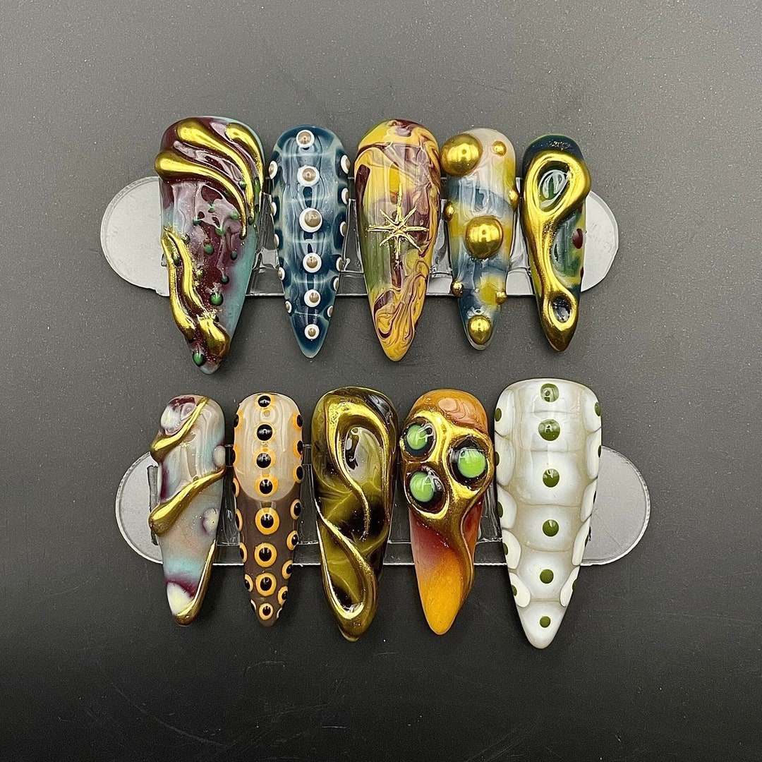 Handmade Gold Chrome Freestyle Press-on Nails – Mystery Land Collection ...