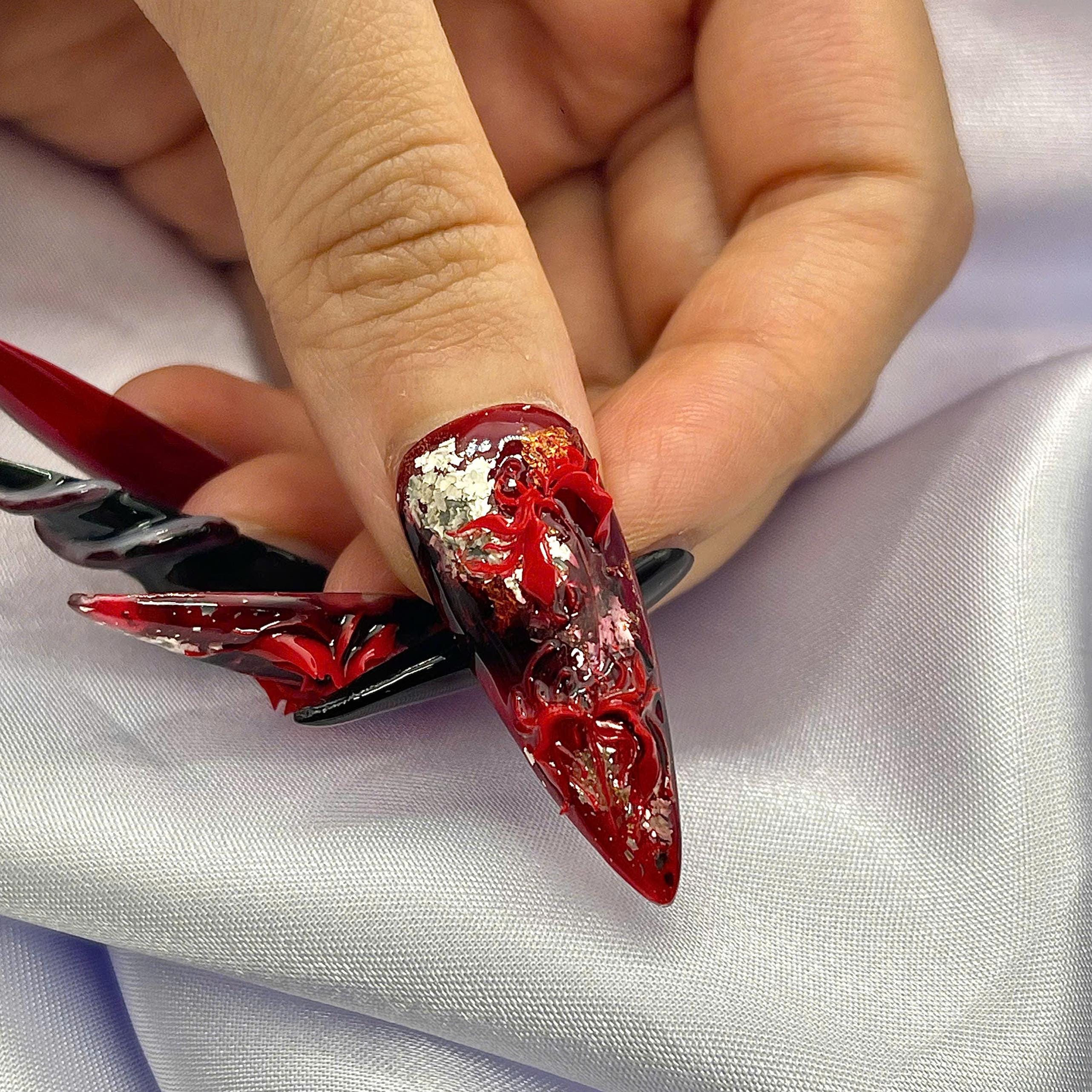 Handmade Spider Lilly Dark Red 3D Press on Nails - Flower Reusable Fake ...