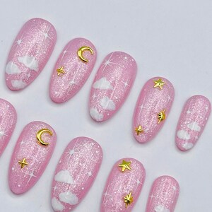 Dreamy Pink Celestial Press on Nails - Reusable Glitter Cloud Moon Star ...