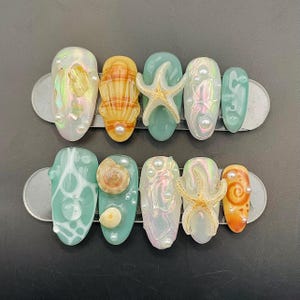 Ocean-inspired Press on Nails - Stunning Beach Summer With 3D Seashells ...