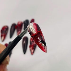 Handmade Spider Lilly Dark Red 3D Press on Nails - Flower Reusable Fake ...