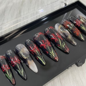 Red Spider Lilly Watercolor Press on Nails - Handmade Elegant Flower ...