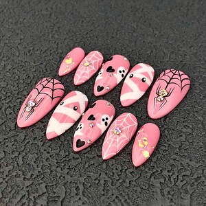 Cute Ghosts Mummy Spider Webs Press on Nails - Spooky Pink Halloween ...