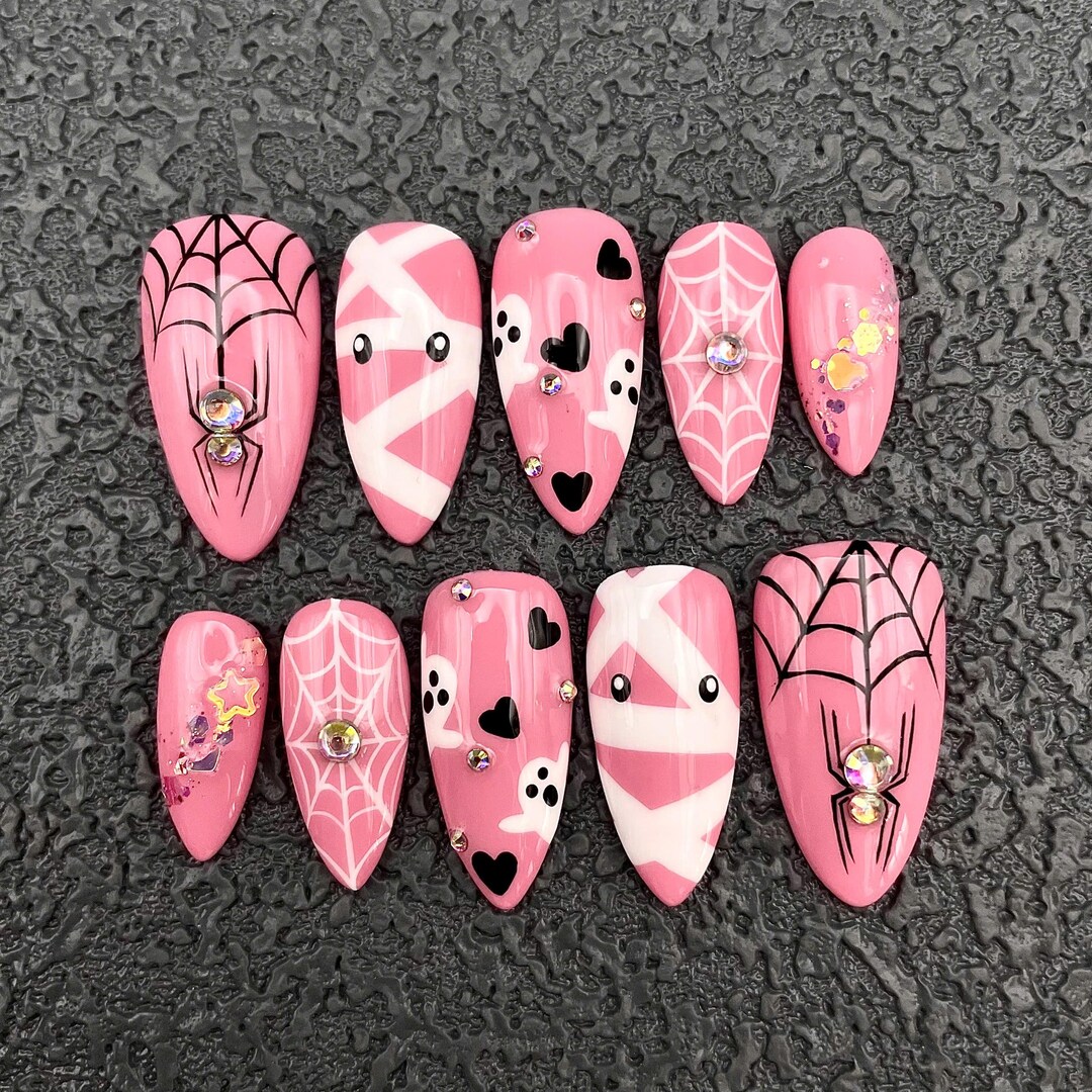 Cute Ghosts Mummy Spider Webs Press on Nails - Spooky Pink Halloween ...