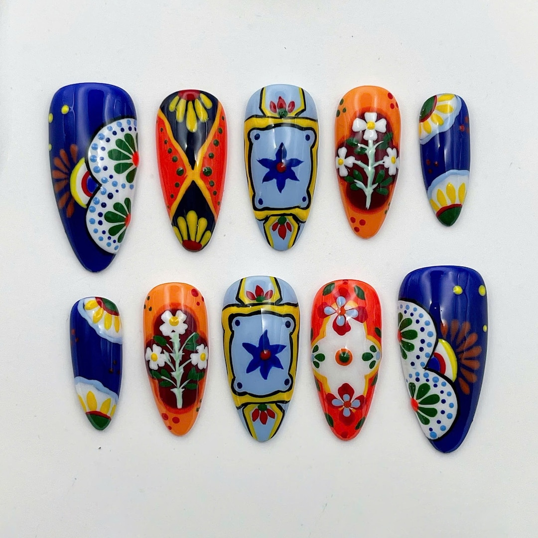 Hand-painted Talavera Tile Nails - Mexican Tile Art Vibrant Colorful ...