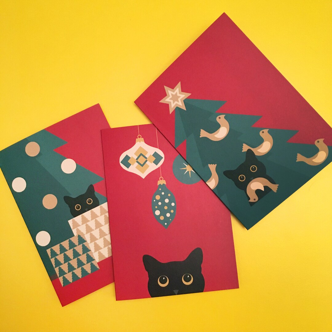 6 Catty Christmas Cards / Set of 6 A6 Cards / Cute Retro Cards for Cat ...