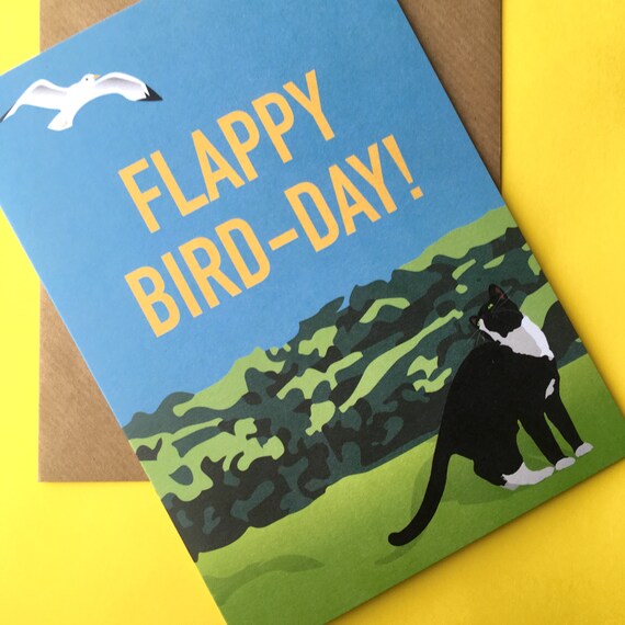 Flappy Bird-day // Funny Birthday Card With Cat and Bird / - Etsy