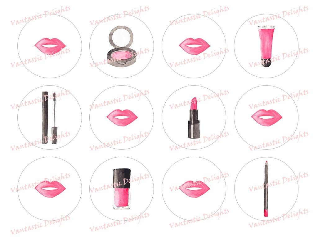 PRINTABLE Makeup, Watercolor, Mascara, Lipstick, Lips, Cupcake Toppers ...