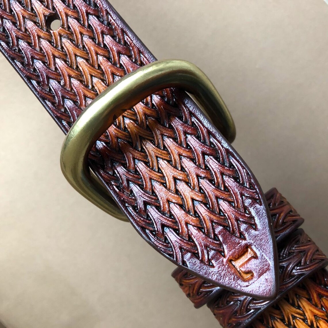 Hand tooled leather belt Sunburst leather belt men Embossed | Etsy