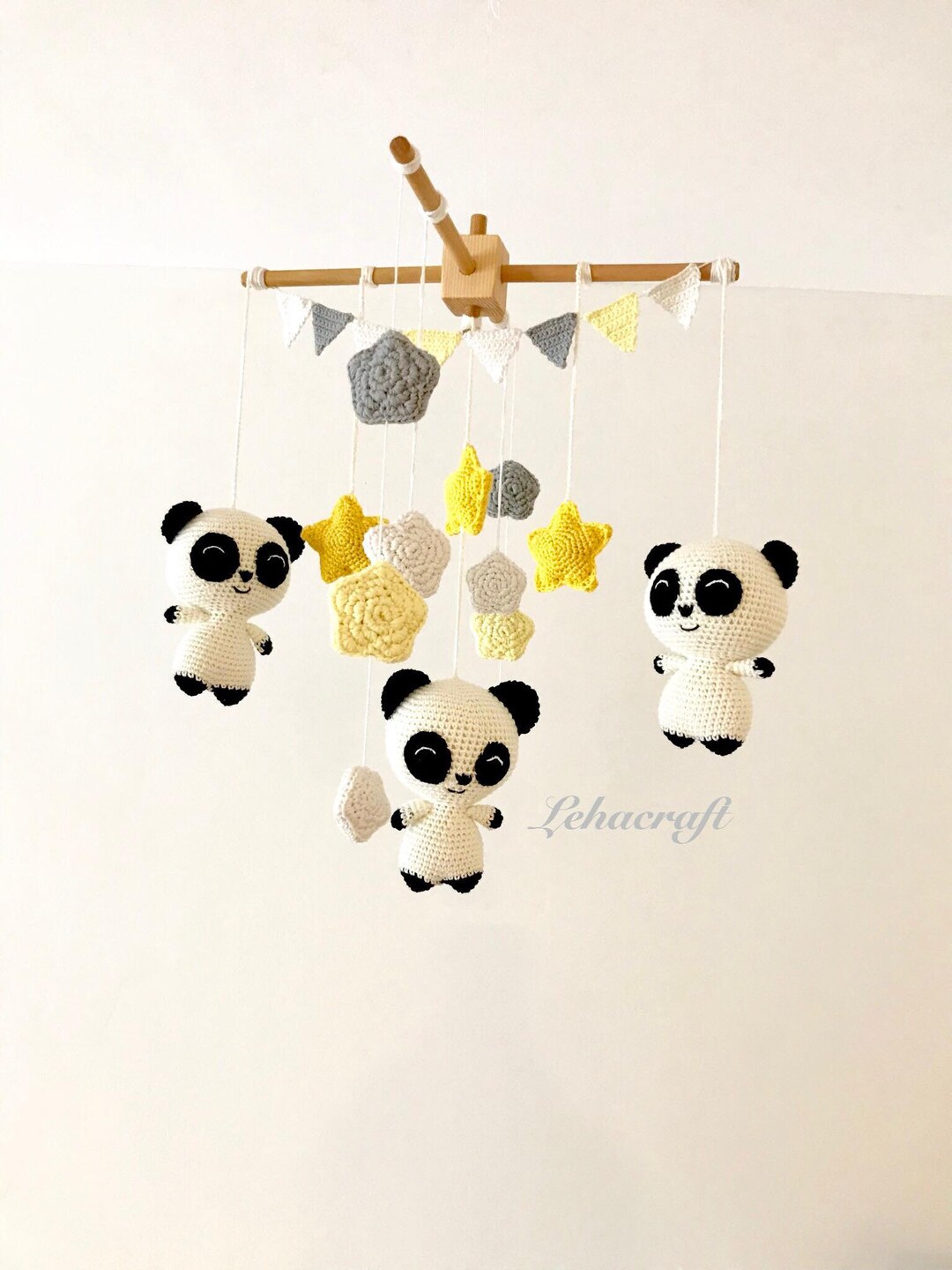 Lovely Pandas Mobile With Stars Obove, Crochet Pandas With Lucky Stars ...