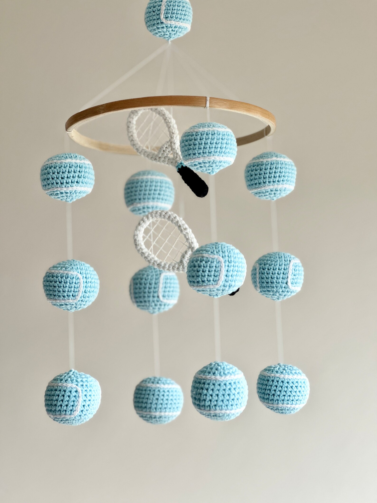 Crochet Tennis Balls and Rackets Baby Mobile , Crochet Tennis Balls ...