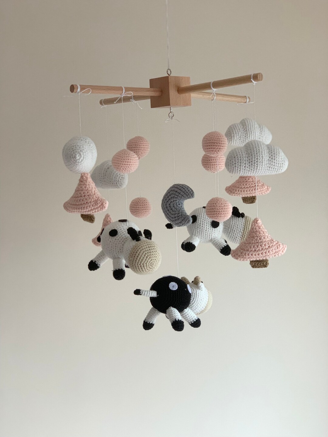 Cows in Farm Babymobile, Crochet Cow, Cow Baby Nursery, Pink Trees and ...