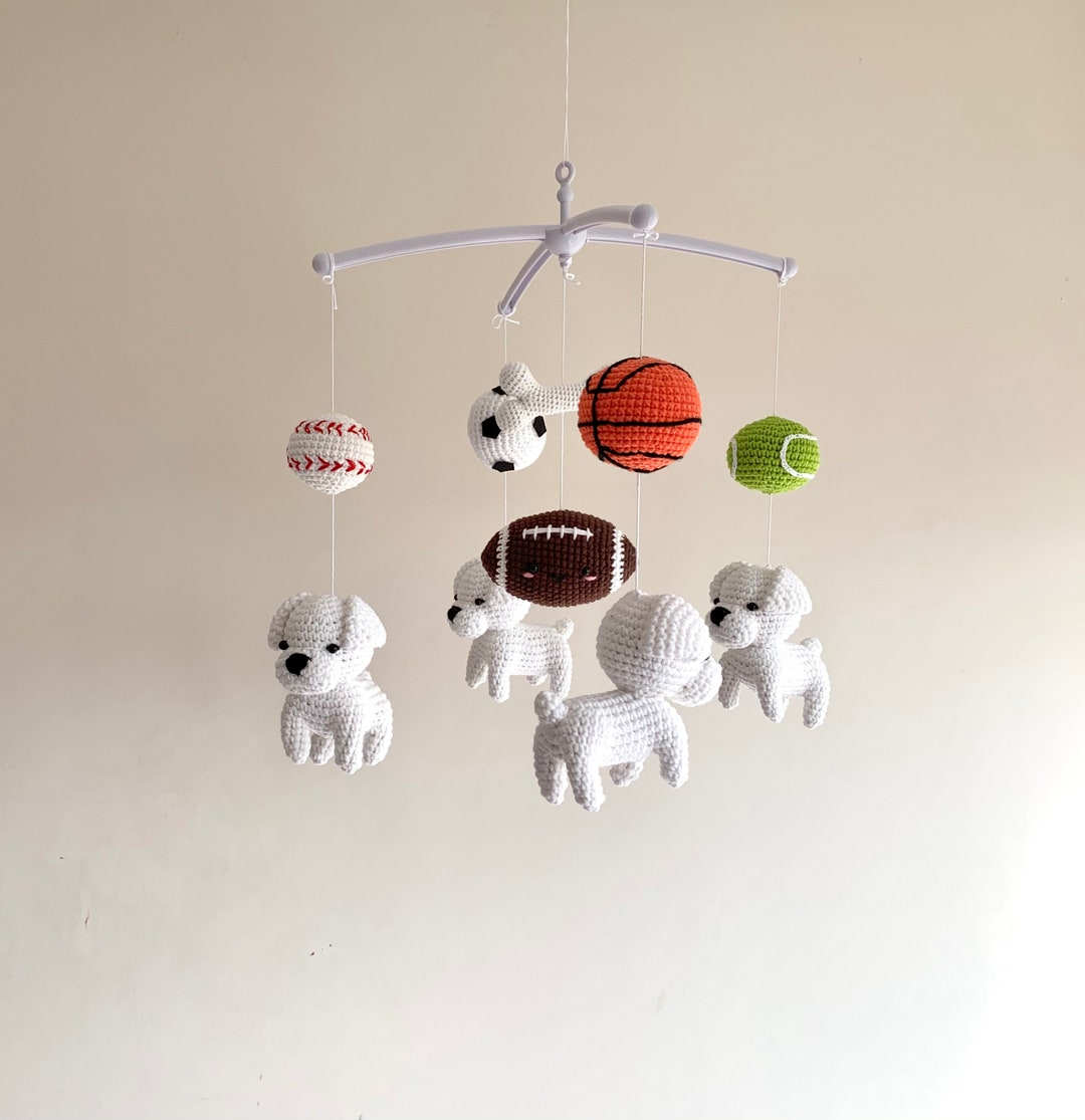 Handmade Puppy Baby Mobile With Sport Balls, Crochet Dog Baby Nursery ...