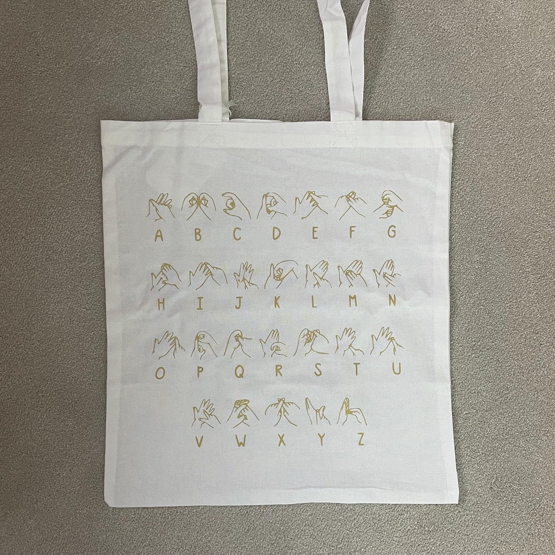 White/gold BSL Alphabet Tote Bag, British Sign Language, Cotton Bag - Etsy