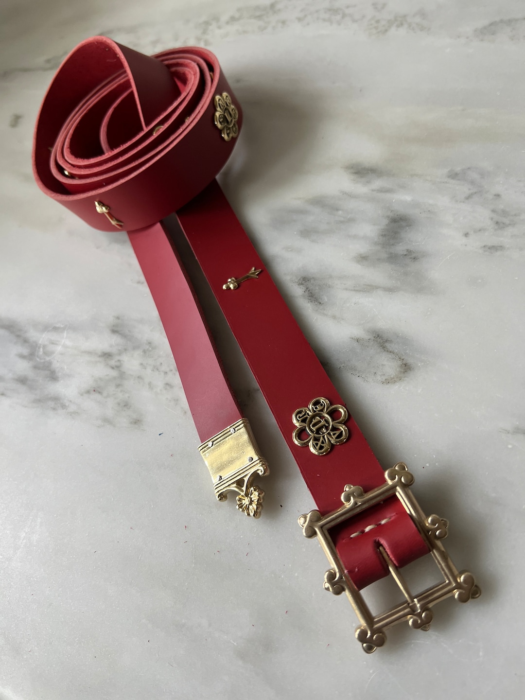 Red Latigo Leather Medieval Belt: Chivalric Virtue Theme, SCA HEMA ...
