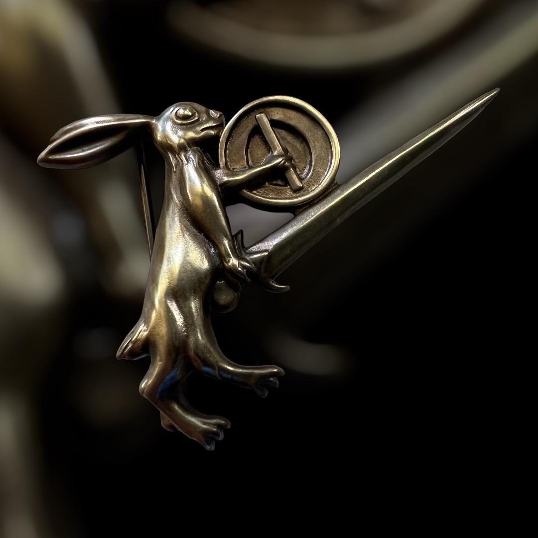 Battle Bunny Pin: Brass Sword & Buckler Medieval Jewelry - Etsy