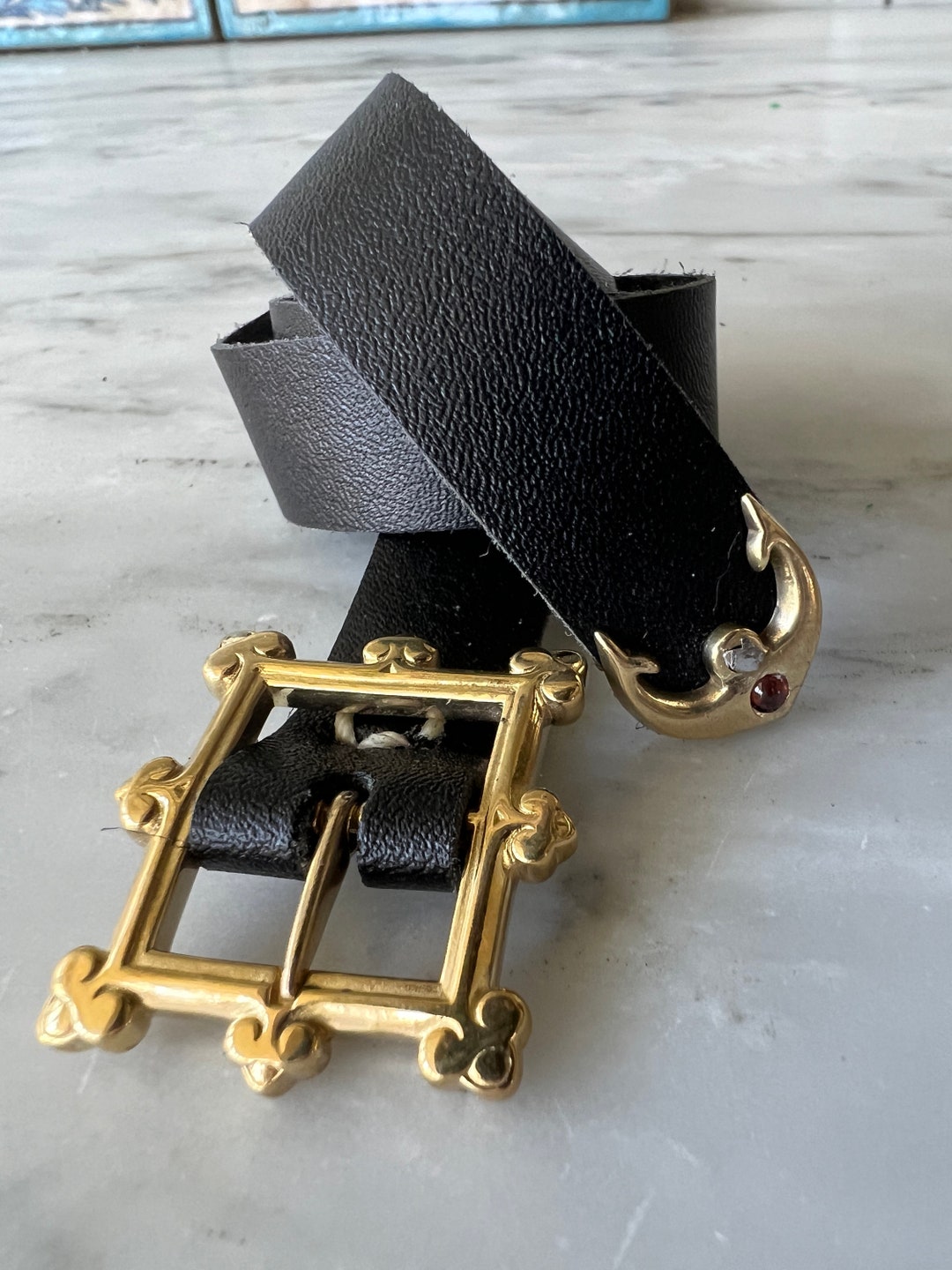 Medieval Garters Pair Thin Black With Garnet Tip and Gothic Buckle - Etsy