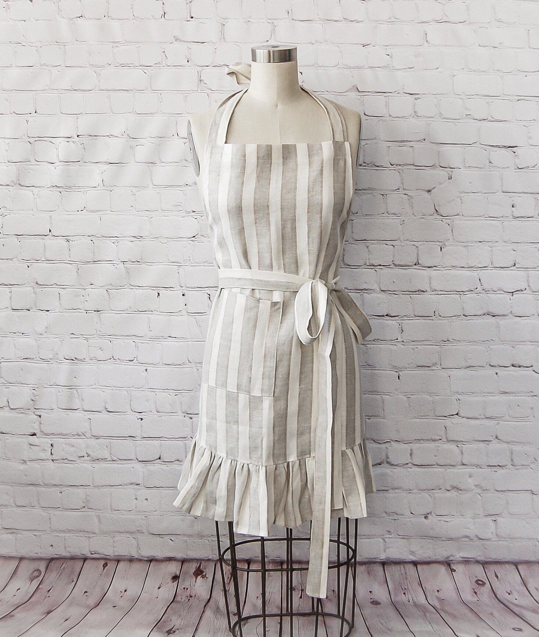 Ladies Ruffle 100% Linen Stone Washed Softened Apron / Ready to Ship ...