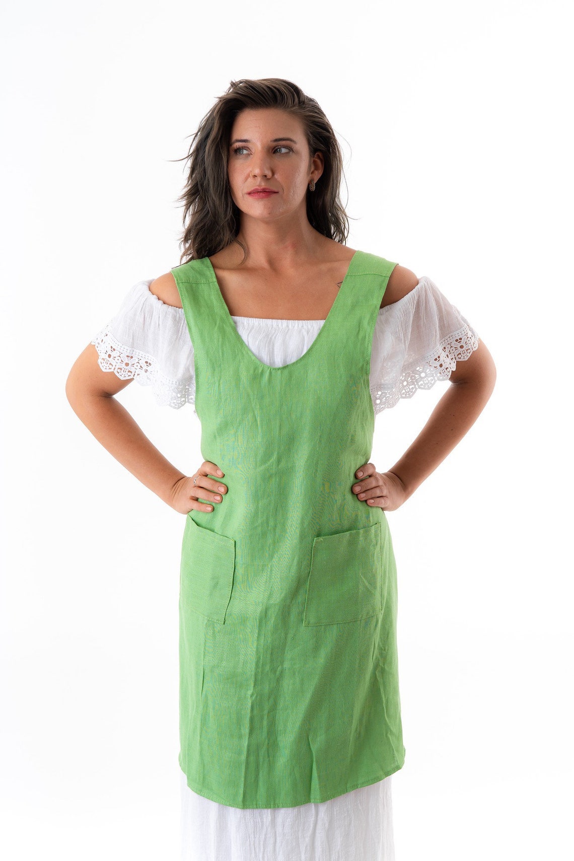 Pinafore Apron 100% Linen With Embroidery Wooden Buttons - Etsy