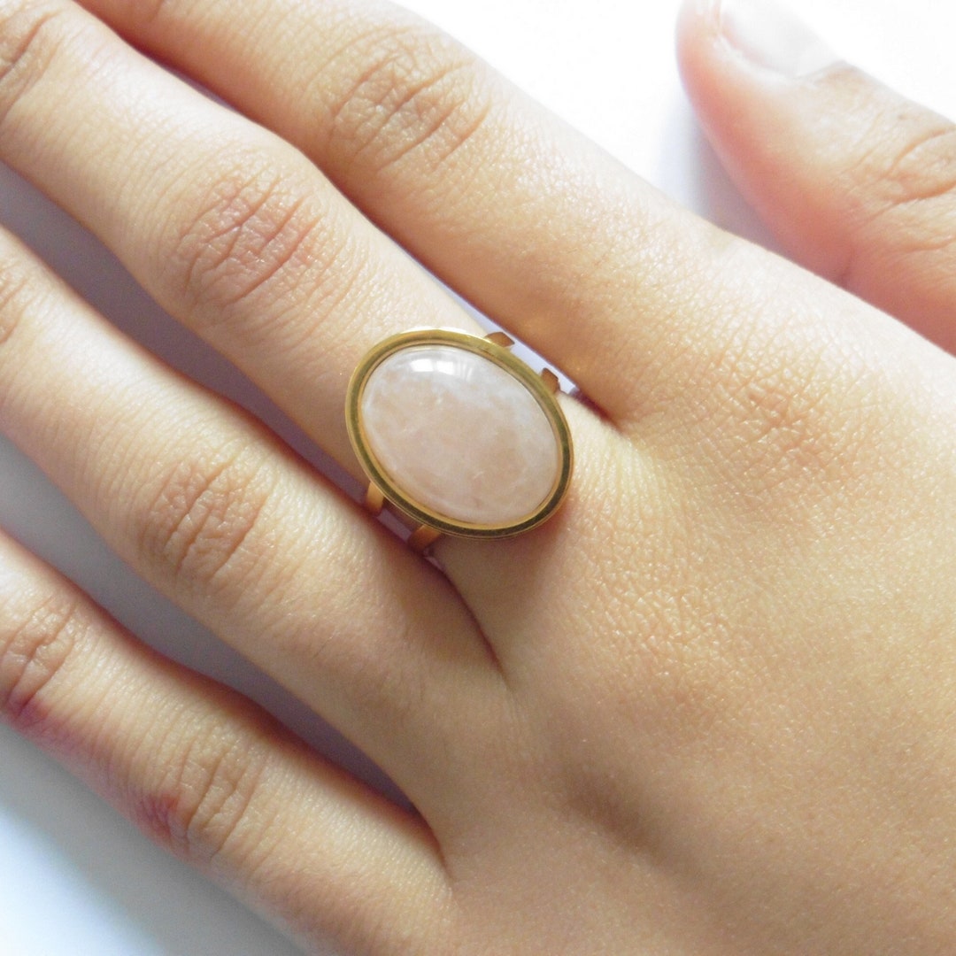 Natural Rose Quartz Stone Ring, Gold Stainless Steel Ring, Women's Semi ...