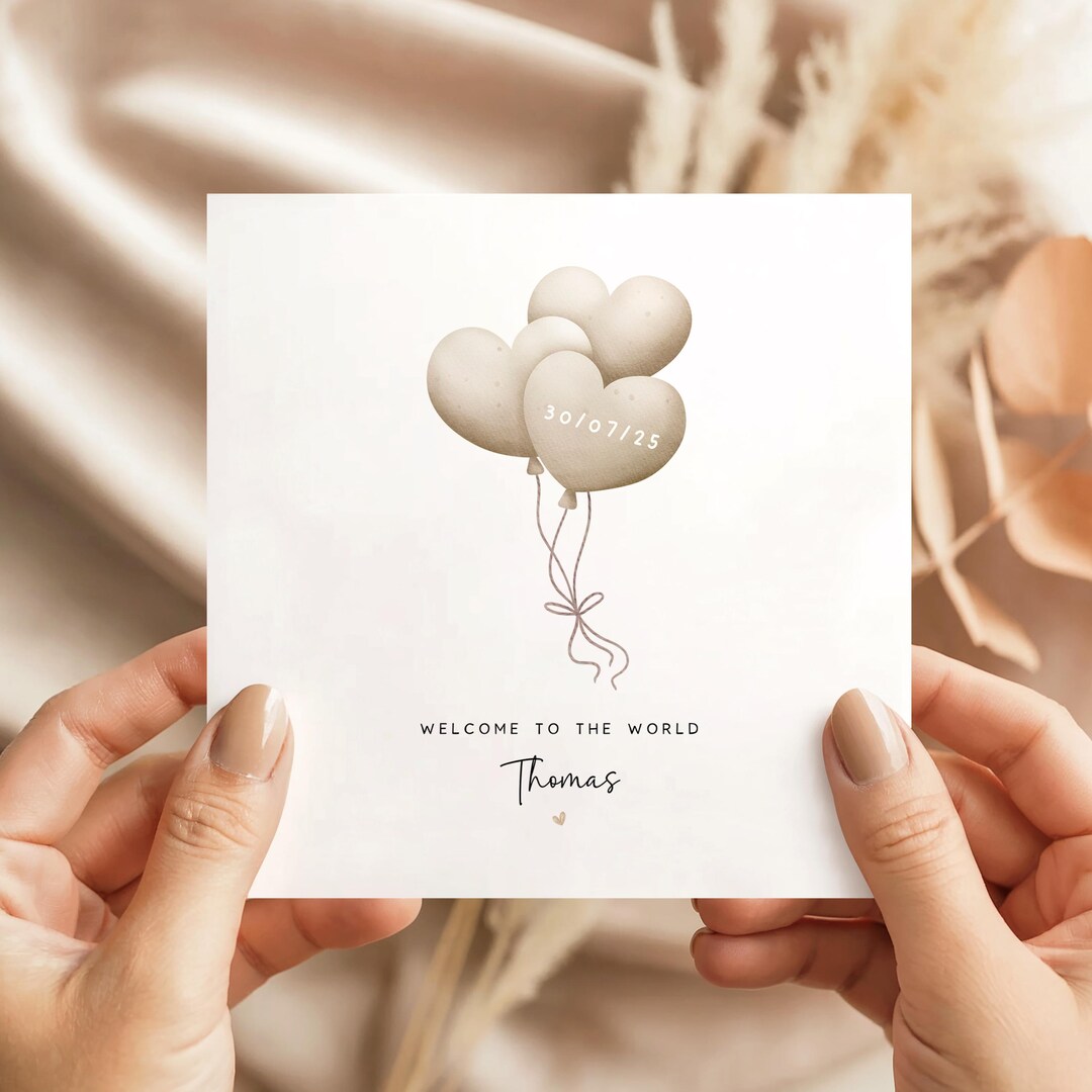 Personalised Neutral New Baby Card | Beige Heart Balloon Card | Welcome ...