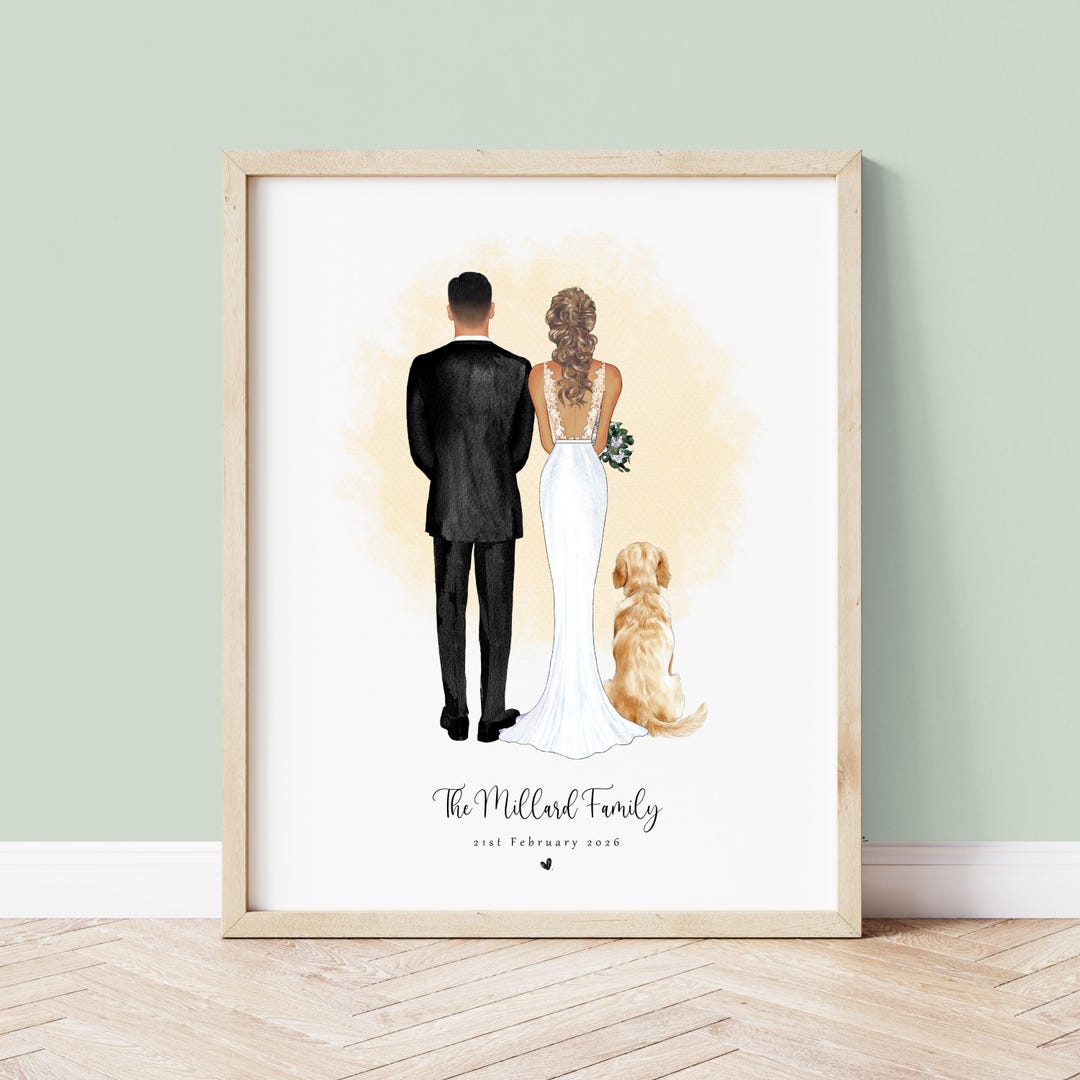 Personalised Bride and Groom Wedding Print With Dog | Newlywed Couple ...