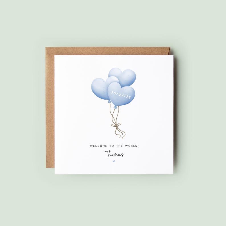 Personalised Neutral New Baby Card | Beige Heart Balloon Card | Welcome ...