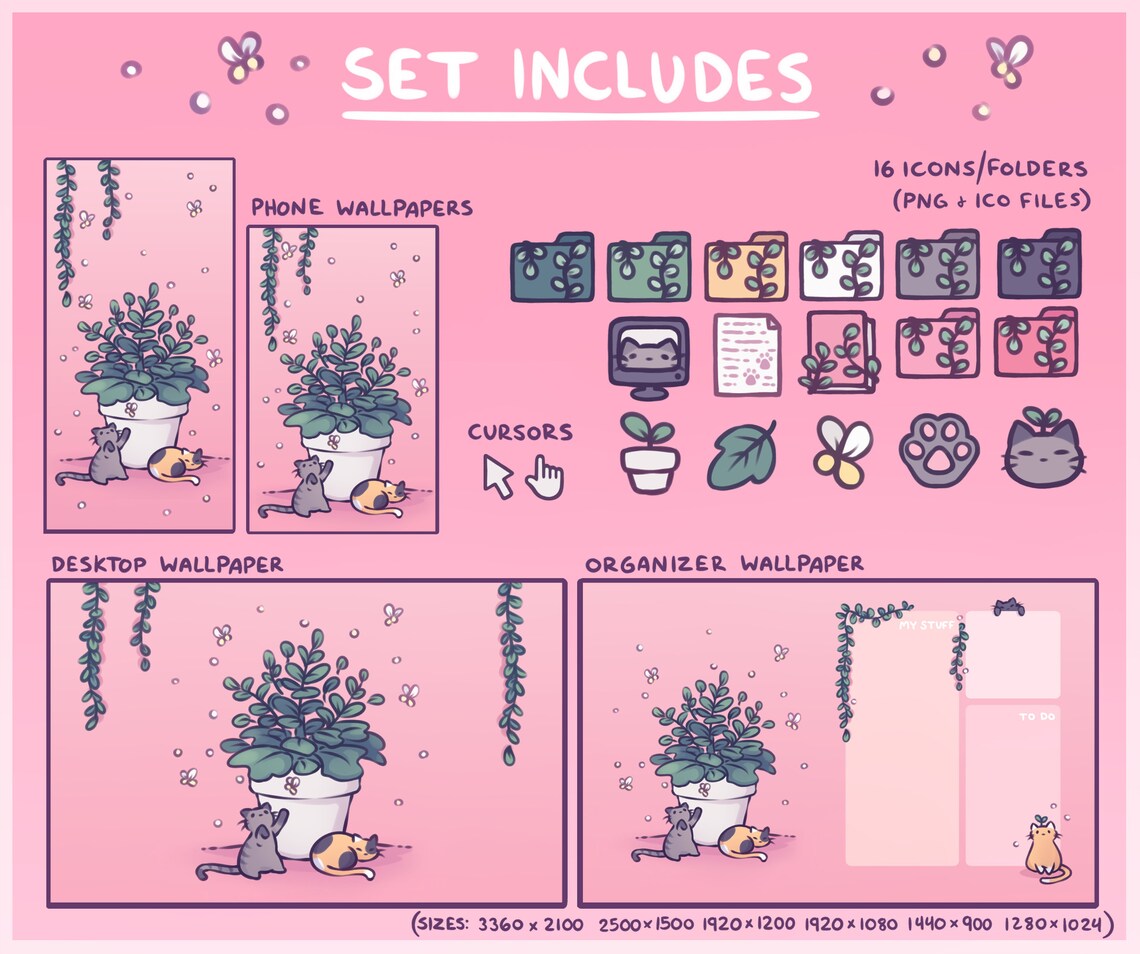 Cat Plant Computer Desktop Theme Background Wallpaper - Etsy